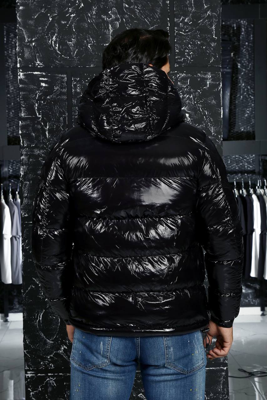 moncler mont erkek parlak siyah kollari triko detayli