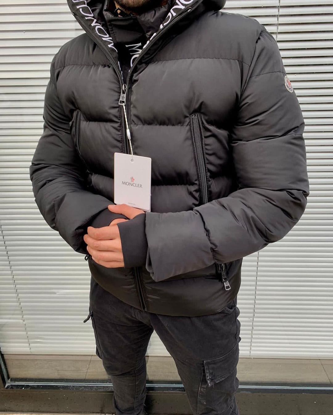 moncler mont erkek siyah beyaz yazili cift fermuar