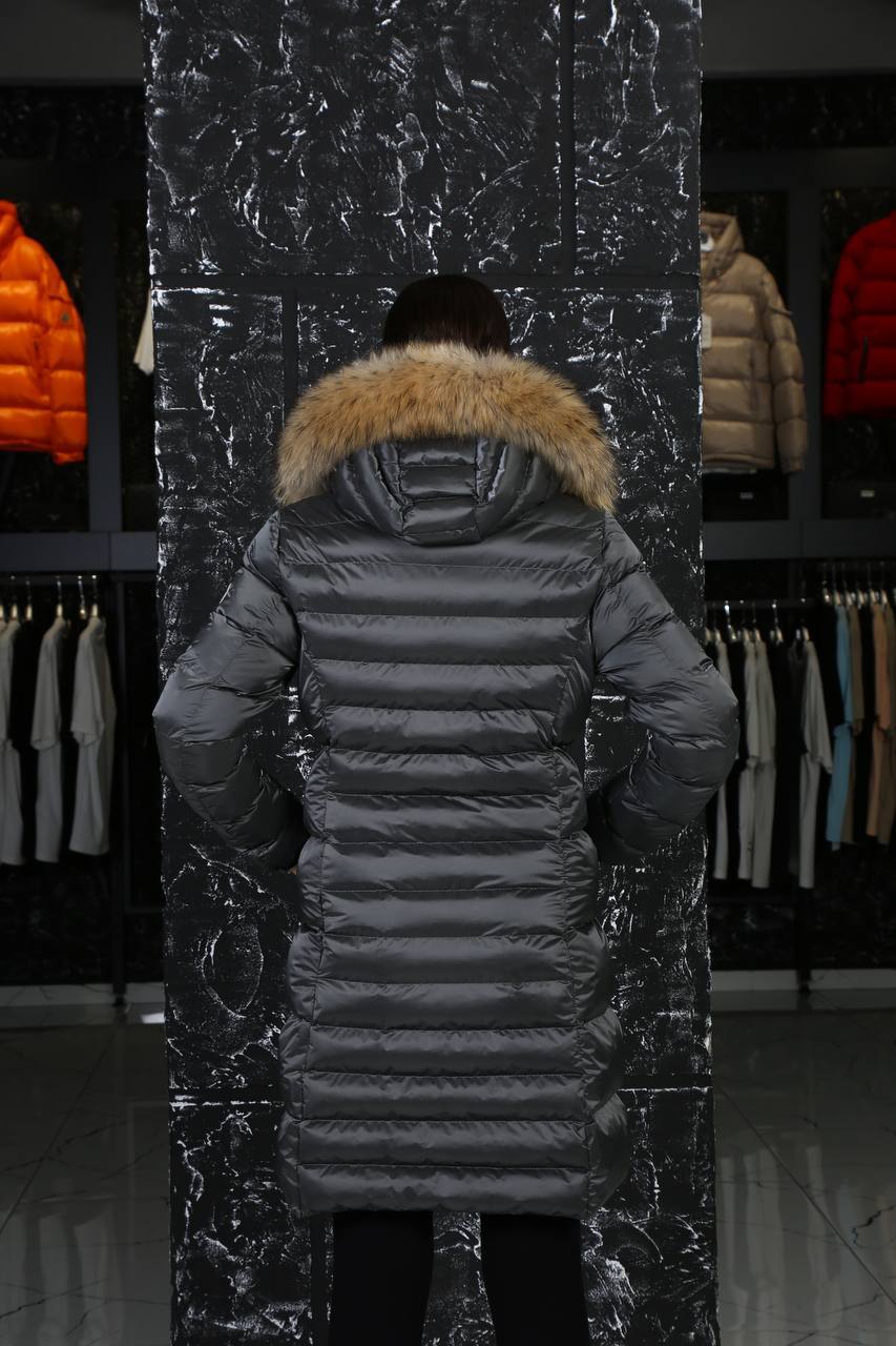 moncler mont uzun gri kapusonlu tilki tuyu